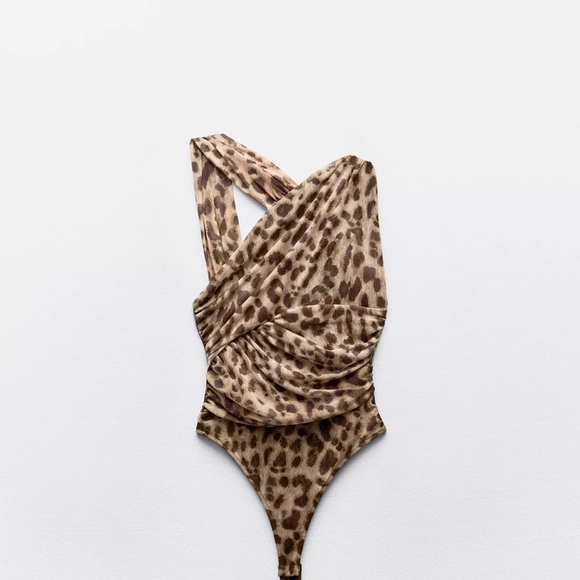 Zara | Tops | Zara Leopard Print Draped Asymmetrical Tulle Bodysuit ...